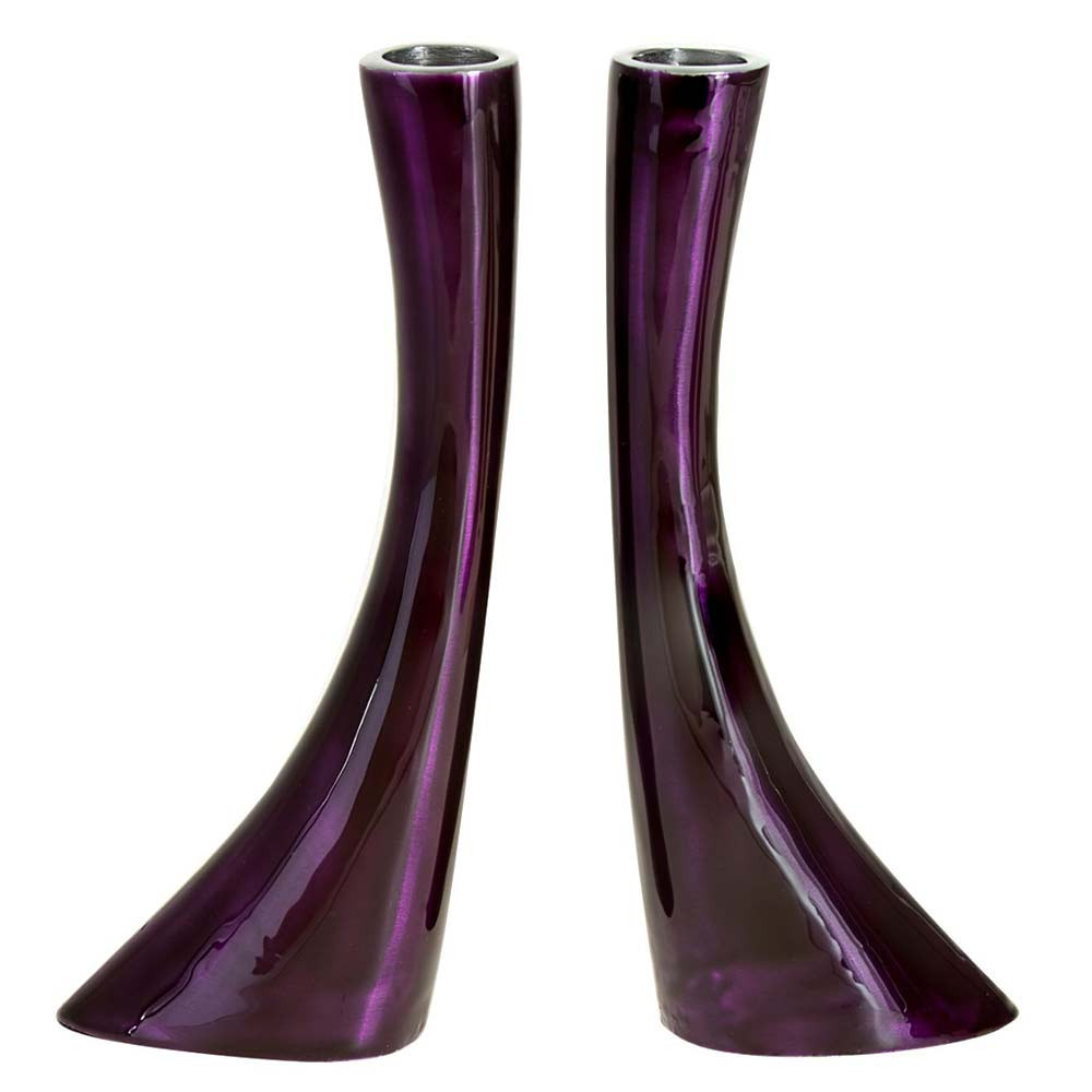 Purple Enameled Curved Shabbat Candlesticks