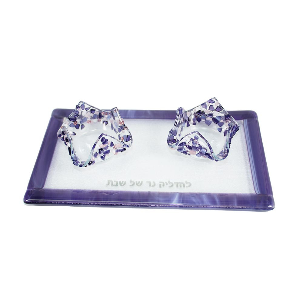 Purple Glass Pebble Design Shabbat Candle Set