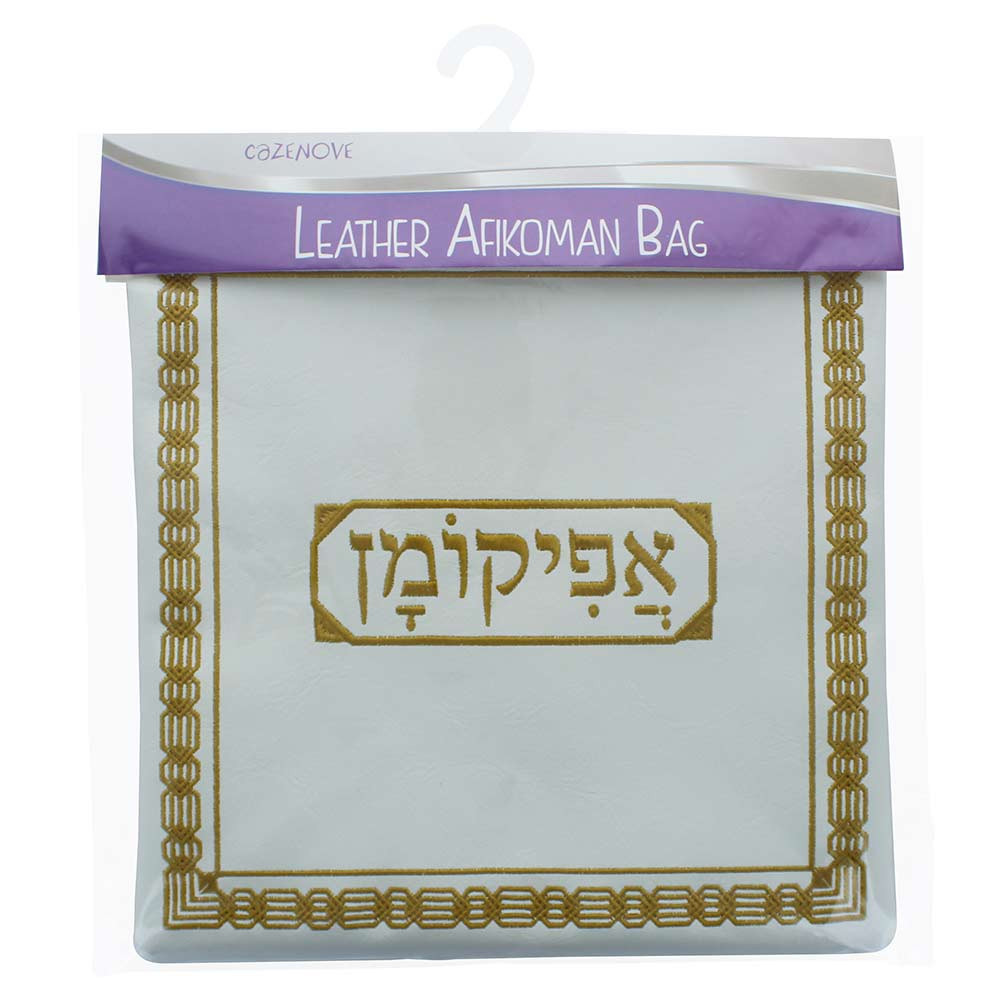 White Leather Afikomen Bag With Gold Embroidery