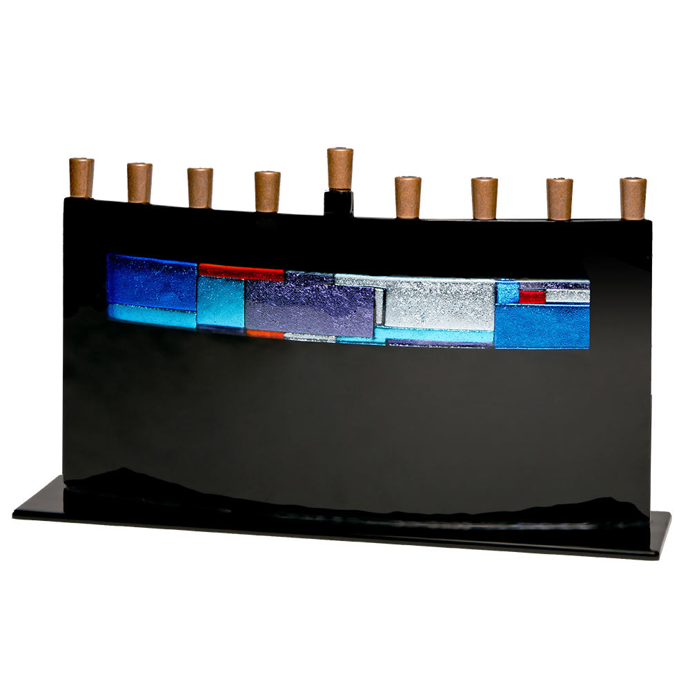 Hanukkah Menorahs-Blue And Silver Dichroic Glass Menorah