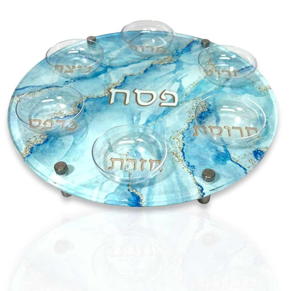 Artistic Blue Marble Designed Lucite Seder Plate