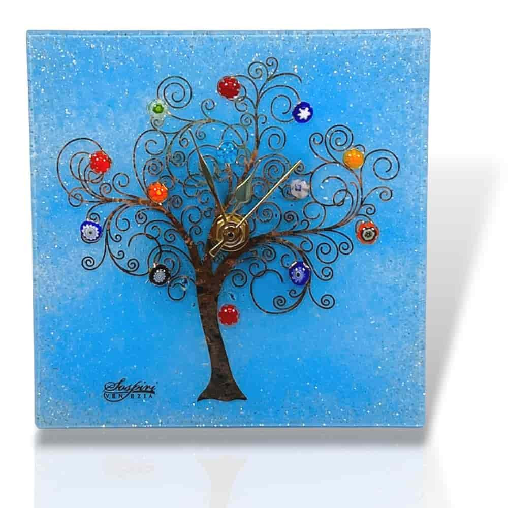 Sky Blue Molten Glass Clock With A Golden Tree Of Life