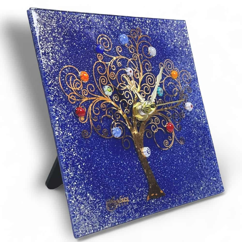 Blue Molten Glass Clock With A Golden Tree Of Life
