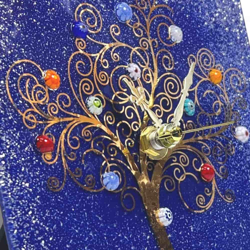 Blue Molten Glass Clock With A Golden Tree Of Life