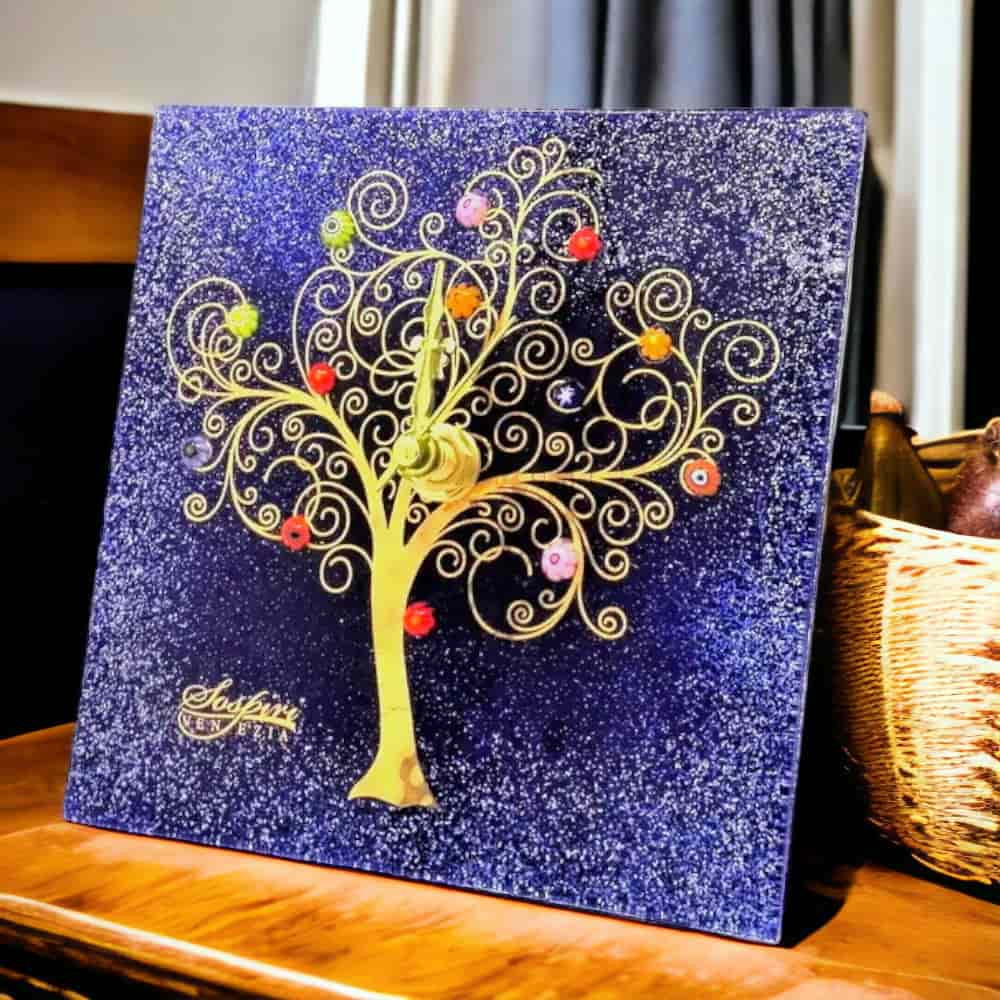 Blue Molten Glass Clock With A Golden Tree Of Life