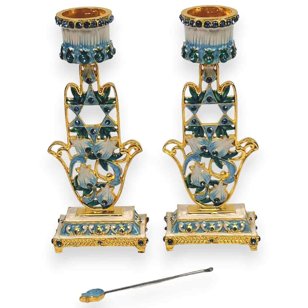 Hand-Painted Hamsa Design Shabbat Candlesticks