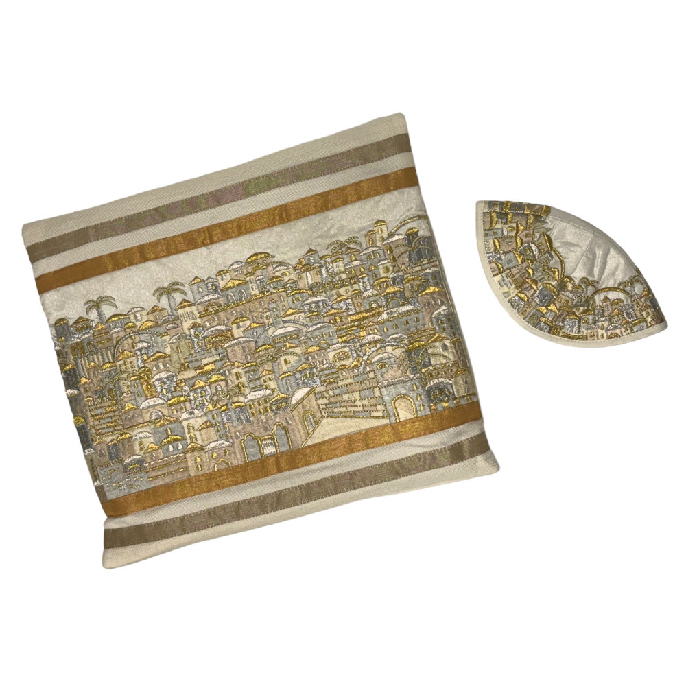 Gold Silk Embroidered Jerusalem Design Talis Set