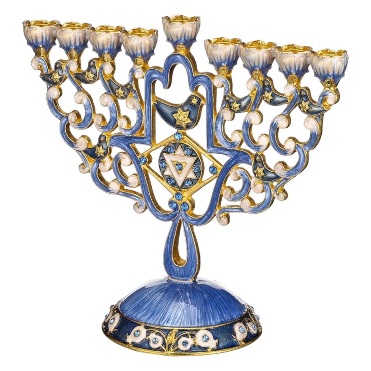 Blue And White Enamel Hamsa Hanukkah Menorah