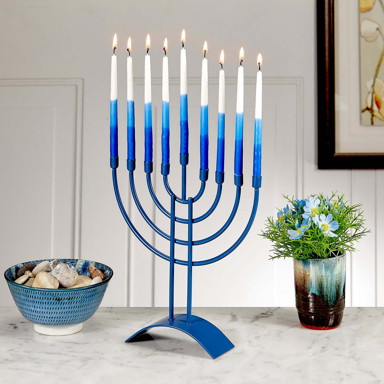 Modern Menorah With A Blue Matte Slate Finish