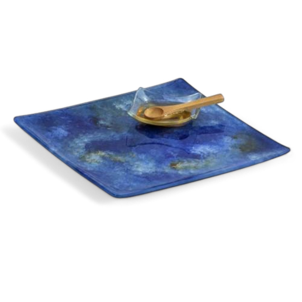 Hand-Painted Ocean Blue Glass Apple & Honey Dish