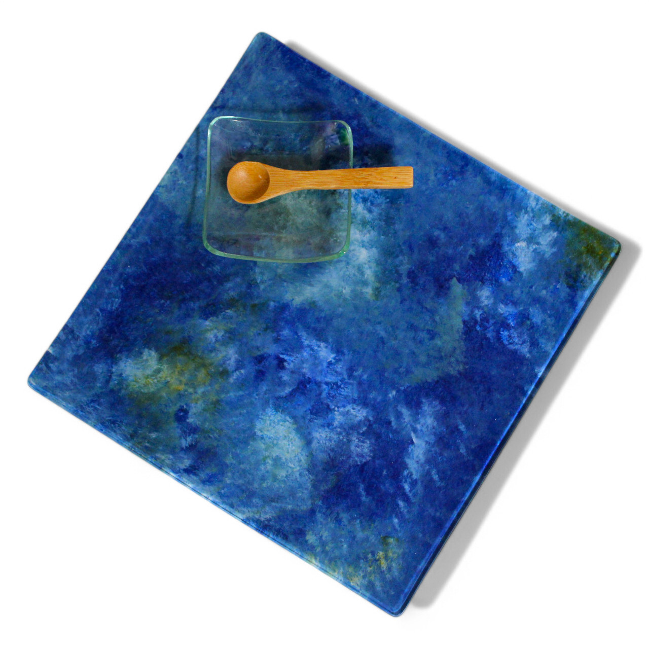 Hand-Painted Ocean Blue Glass Apple & Honey Dish