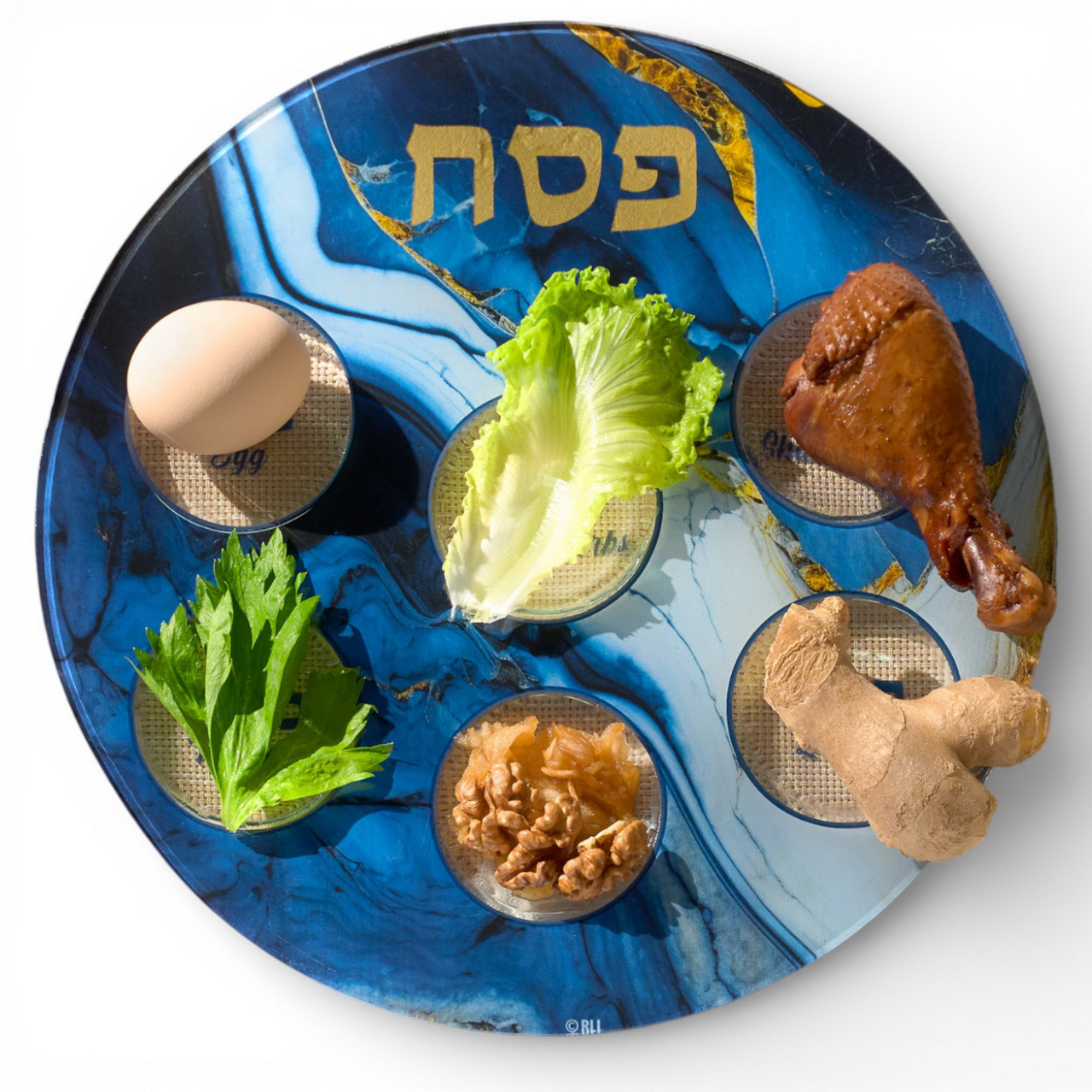 Round Blue Marble Glass Seder Plate