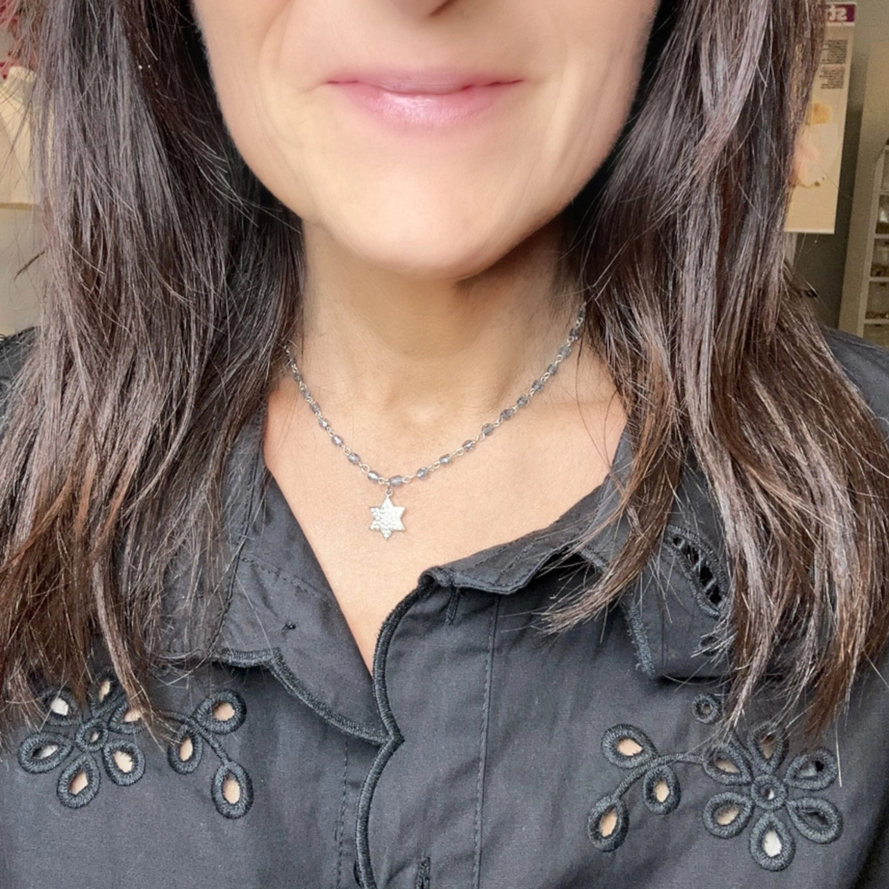 Smoky Gray Beaded Jewish Star Necklace