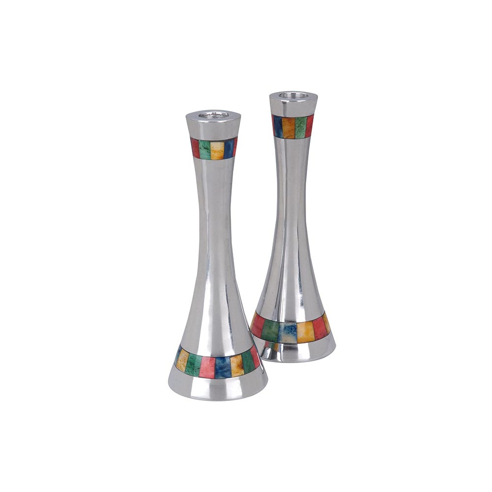 Aluminum Shabbat Candlesticks With Multicolor Inlay