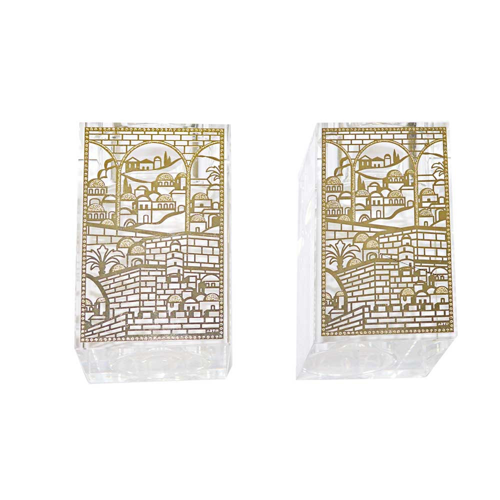 Judaica Gifts - Jerusalem Theme Crystal Tea Light Candlesticks