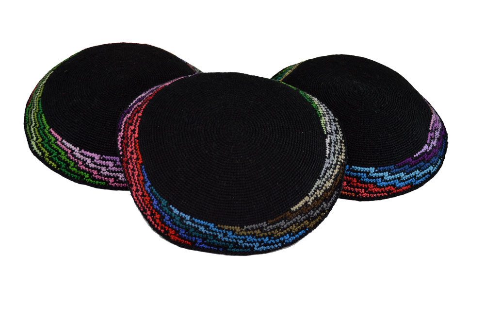 Jewish Religious Gifts-Black Hand Crocheted Zigzag Design Kippah, Yarmulke