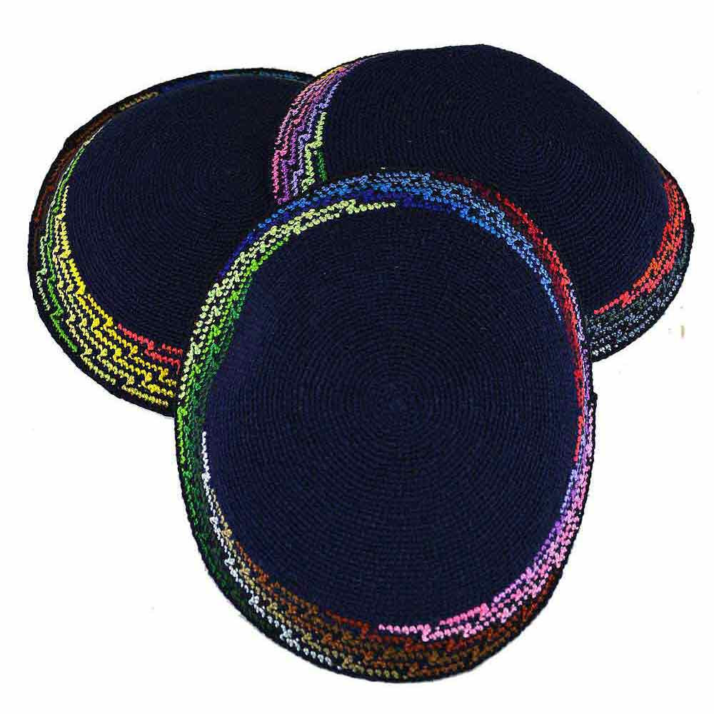 Jewish Religious Gifts-Blue Hand Crocheted Zigzag Design Kippah, Yarmulke