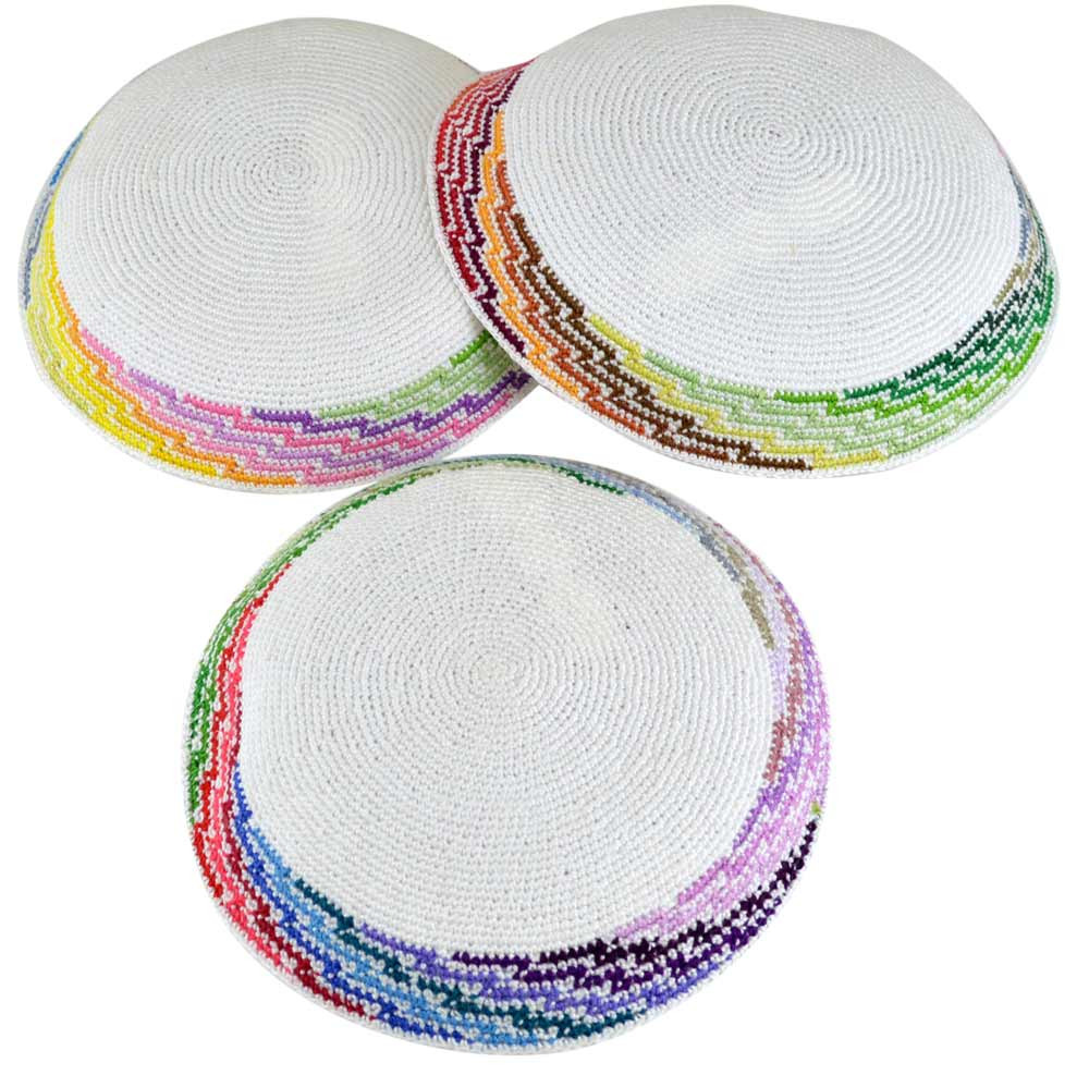Jewish Religious Gifts-White Hand Crocheted Zigzag Design Kippah, Yarmulke