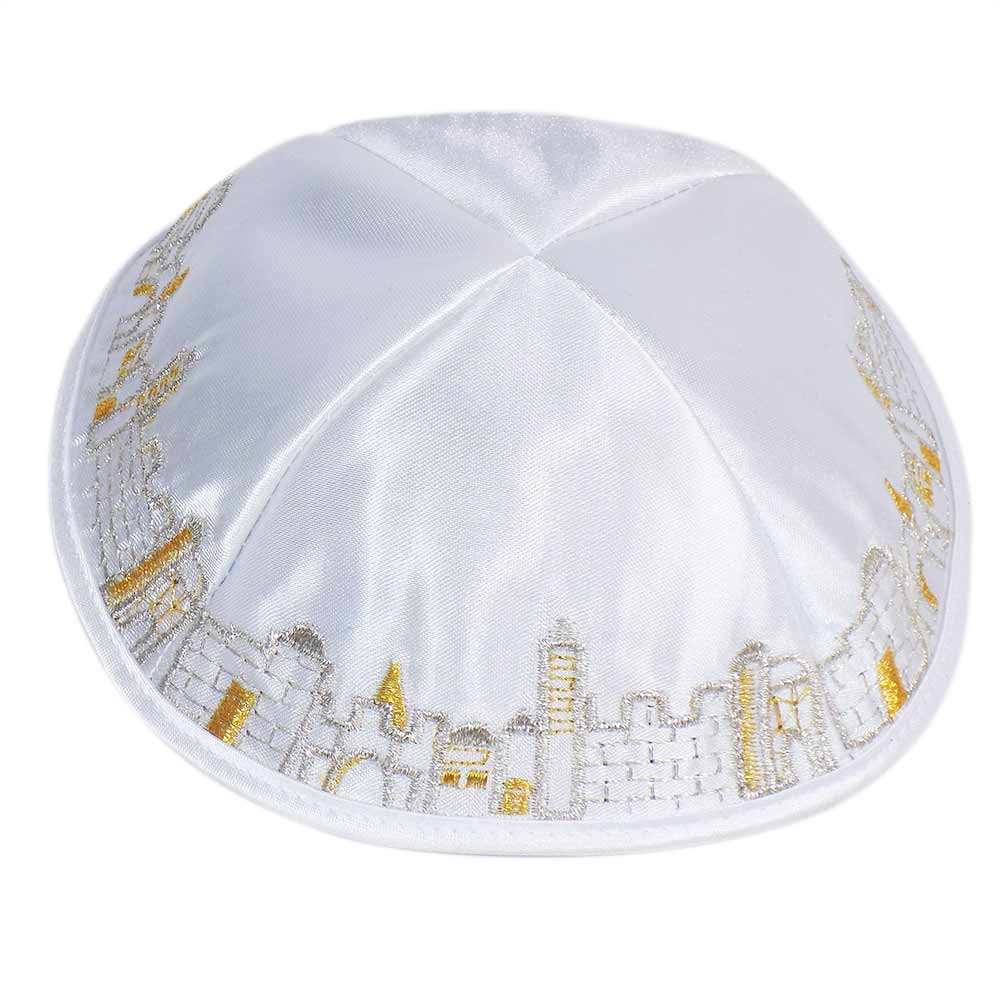 White Embroidered Jerusalem Design Kippah