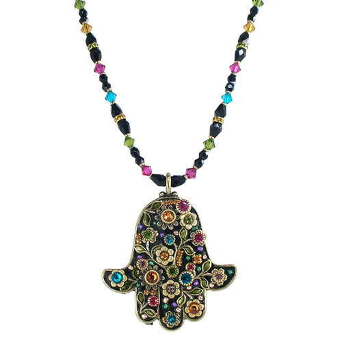 Multi Color Floral Hamsa Necklace