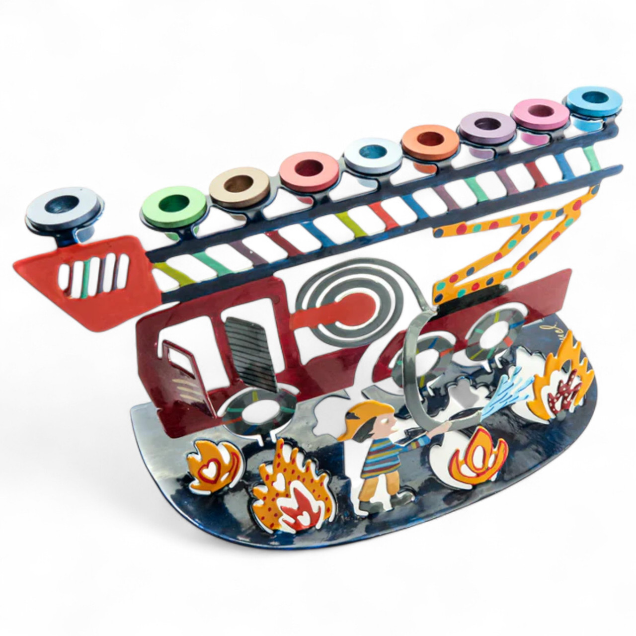 Hanukkah Gifts - Hand Painted Laser Cut Fire Truck Menorah