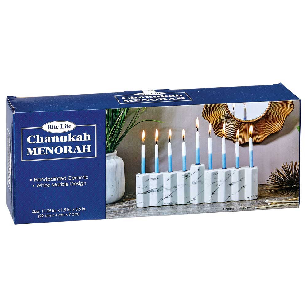 Hanukkah Gifts - White Marble Ceramic Hexagon Menorah