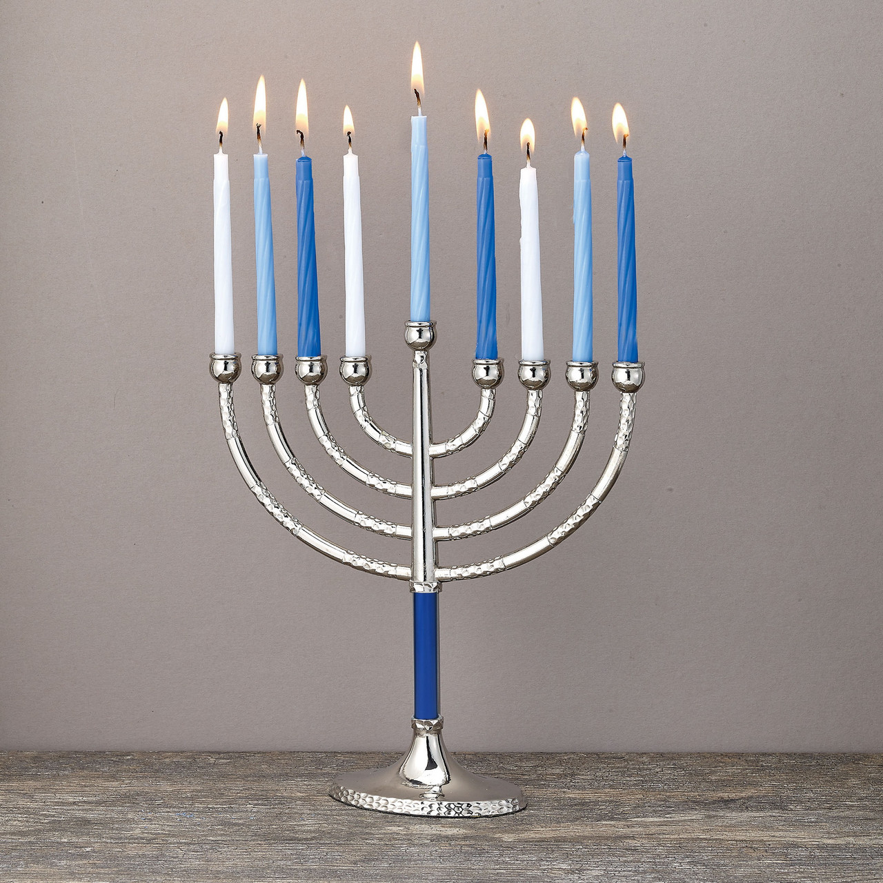Jewish GIFTS | Metal Menorah | Classic Silver Menorah With Blue Accent