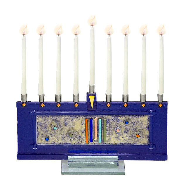 Menorah Judaica - Stellar Blue Glass Menorah