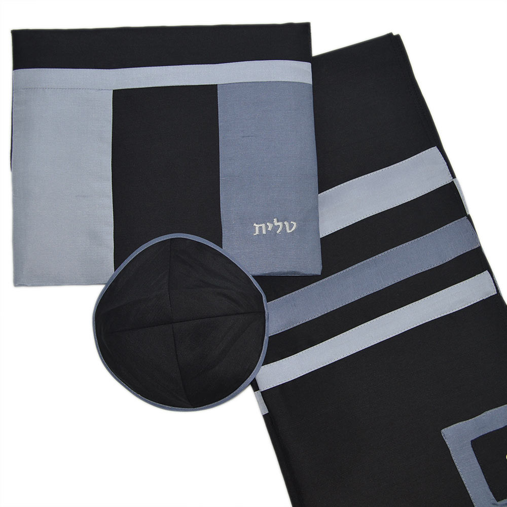 Zion Talis|Tallit|Black Gray Israsilk 3 Piece Talis Set