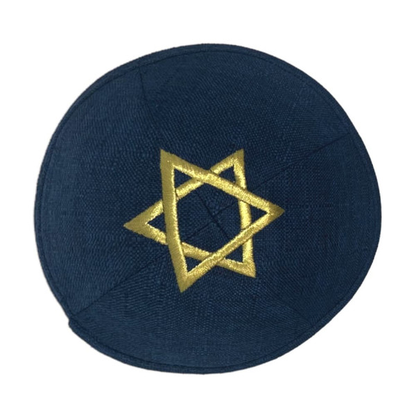 Blue Linen Gold Star Kippah