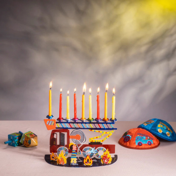 Hanukkah Gifts - Hand Painted Laser Cut Fire Truck Menorah