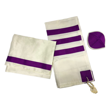 Elegant Brushed Cotton Talis Set With Bold Purple Stripes