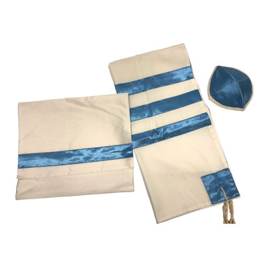 Fine Cotton Talis Set With Raw Silk Pale Blue Stripes