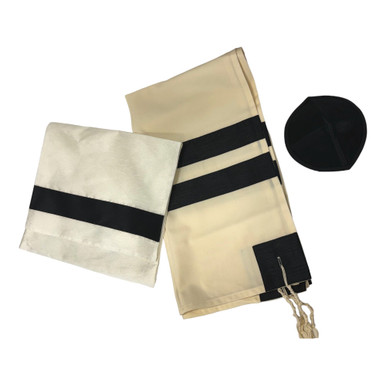 Fine Cotton Talis Set With Black Raw Silk Stripes