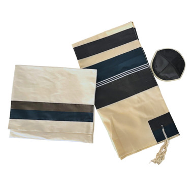 Off White Cotton Talis Set With Dark Gray & Aqua Stripes