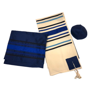 Fine Cotton Talis Set With Black & Multi-Blue Stripes