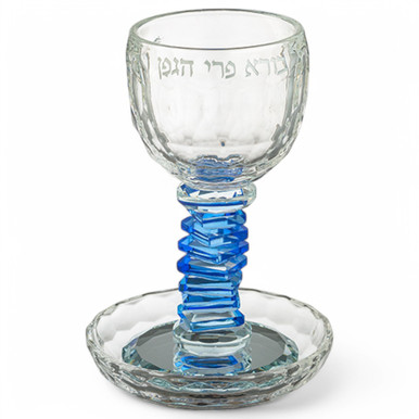 Blue And Clear Crystal Kiddush Cup And Tray