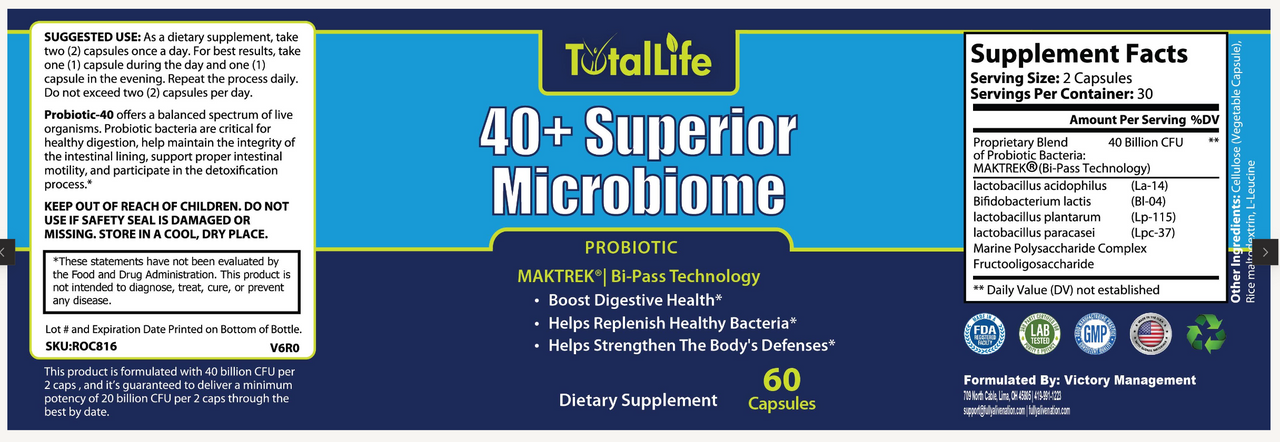 TotalLife 40+ Superior Microbiome Probiotic (60 Count) - Fully Alive Nation
