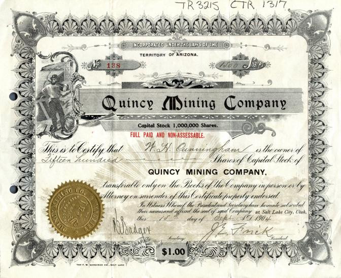 Quincy Mining Company - Arizona 1904 - Scripophily.com | Collect Stocks ...