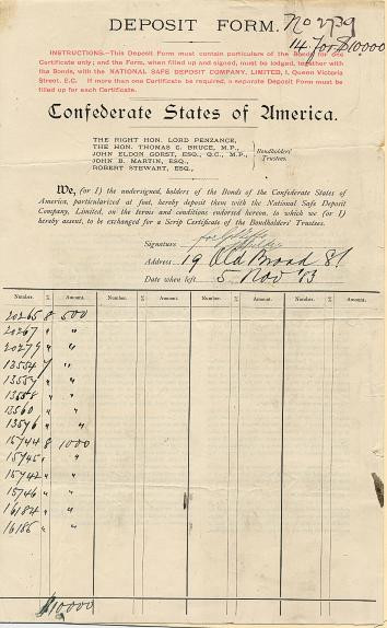 Confederate States of America Deposit Form - 1883 - Scripophily.com ...