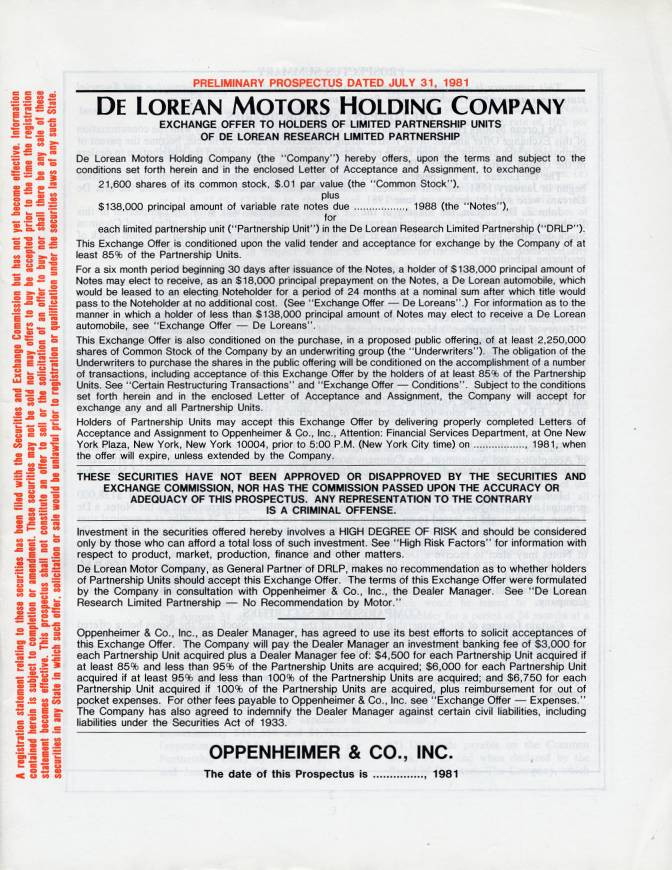 DeLorean Motor Company DMC 12 Original Window Sticker - 1982 ...