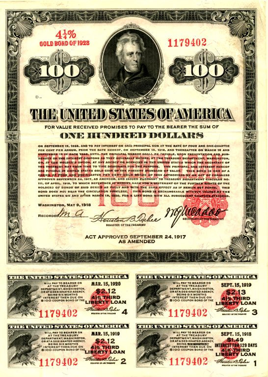 Third Liberty Loan $100 Bearer Gold Bond of 1928 (All coupons attached ...
