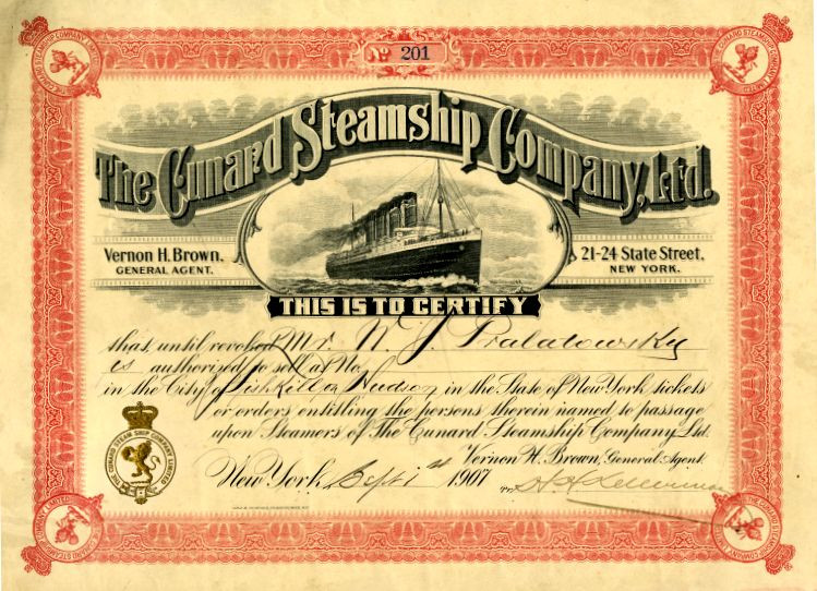Cunard Steamship Company, Ltd. RARE Ticket Agent Certificate with ...
