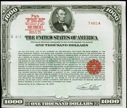 $1000 U.S. Treasury Uncancelled 30 Year Bearer Bond - 1977 - ***SOLD ...