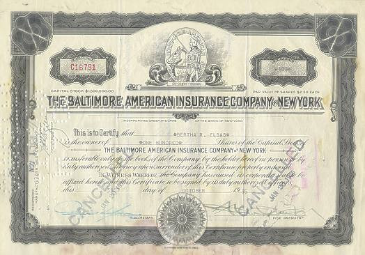 Baltimore American Insurance Company 1935 - Scripophily.com | Collect ...