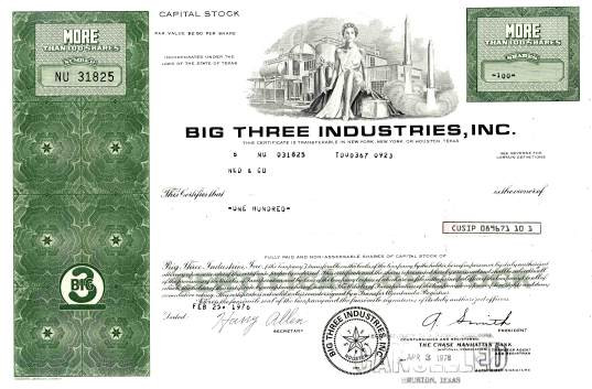 Big Three Industries, Inc. - Scripophily.com | Collect Stocks and Bonds ...