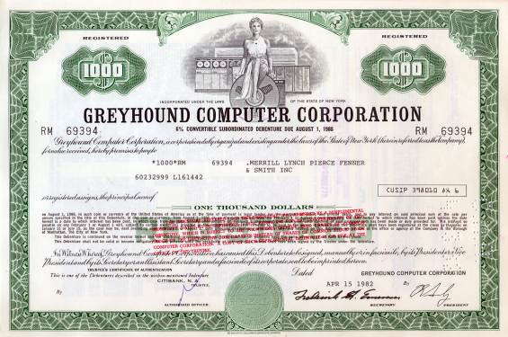 Greyhound Computer Corporation - Old Computer Vignette - Scripophily ...