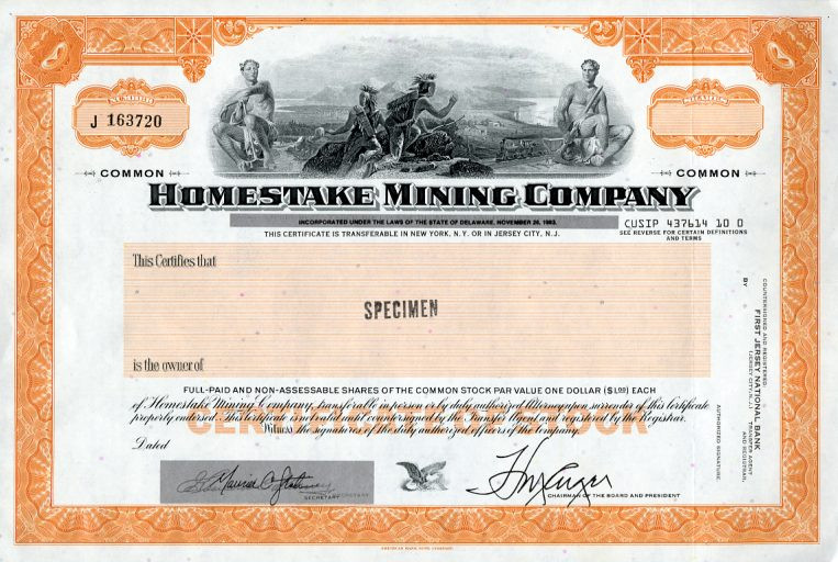 Homestake Mining Company SPECIMEN - Delaware 1983 - Scripophily.com ...