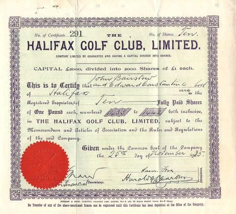 Halifax Golf Club, Limited. - England 1935 - Scripophily.com | Collect ...