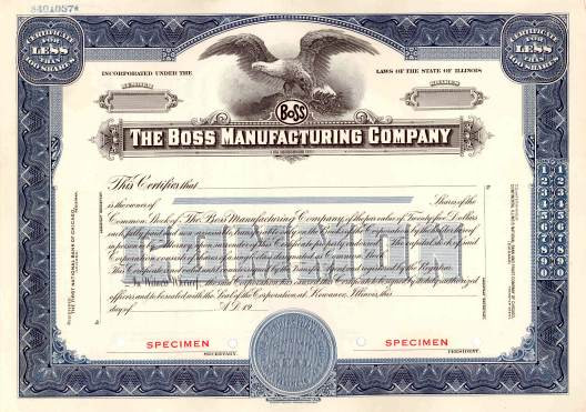 Boss Manufacturing Company - Illinois - Scripophily.com | Collect ...